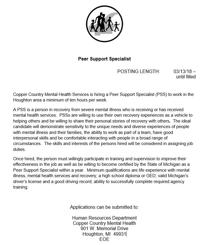 Peer Support Specialist Copper Country Community Mental Health
