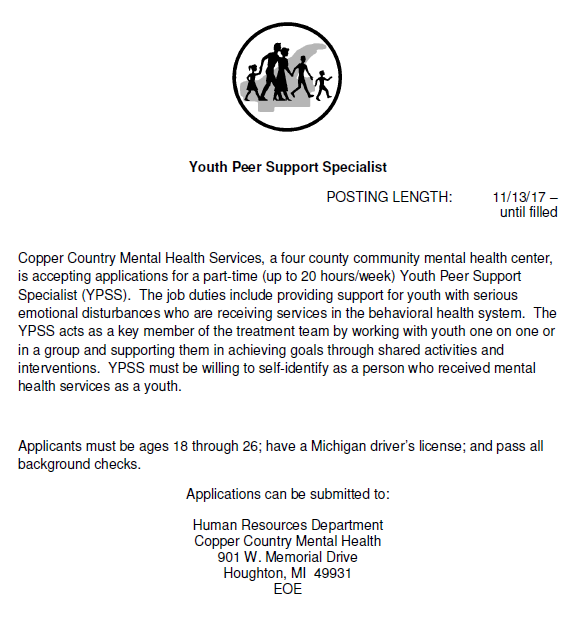 Youth Peer Support Specialist – Copper Country Community Mental Health